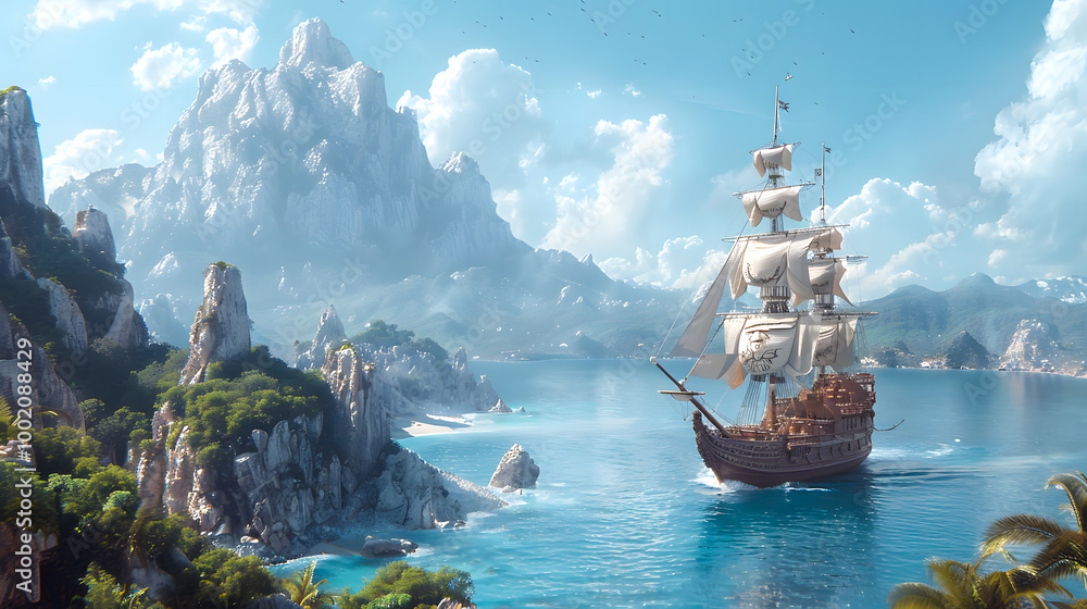 Pirate adventure on the high seas. Large pirate ship making its way to ...