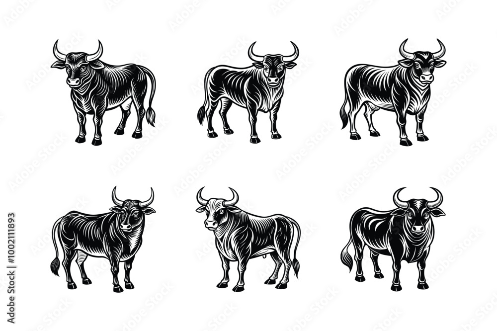 Bull set. Stylized silhouettes of standing in different poses and ...