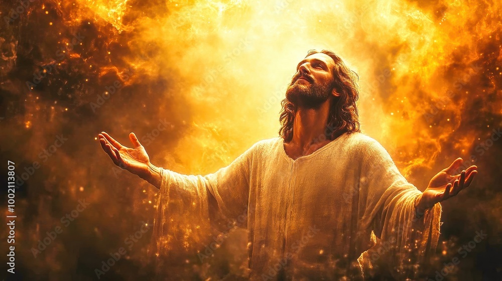 Jesus christ raising hands with universe background Stock Photo | Adobe ...
