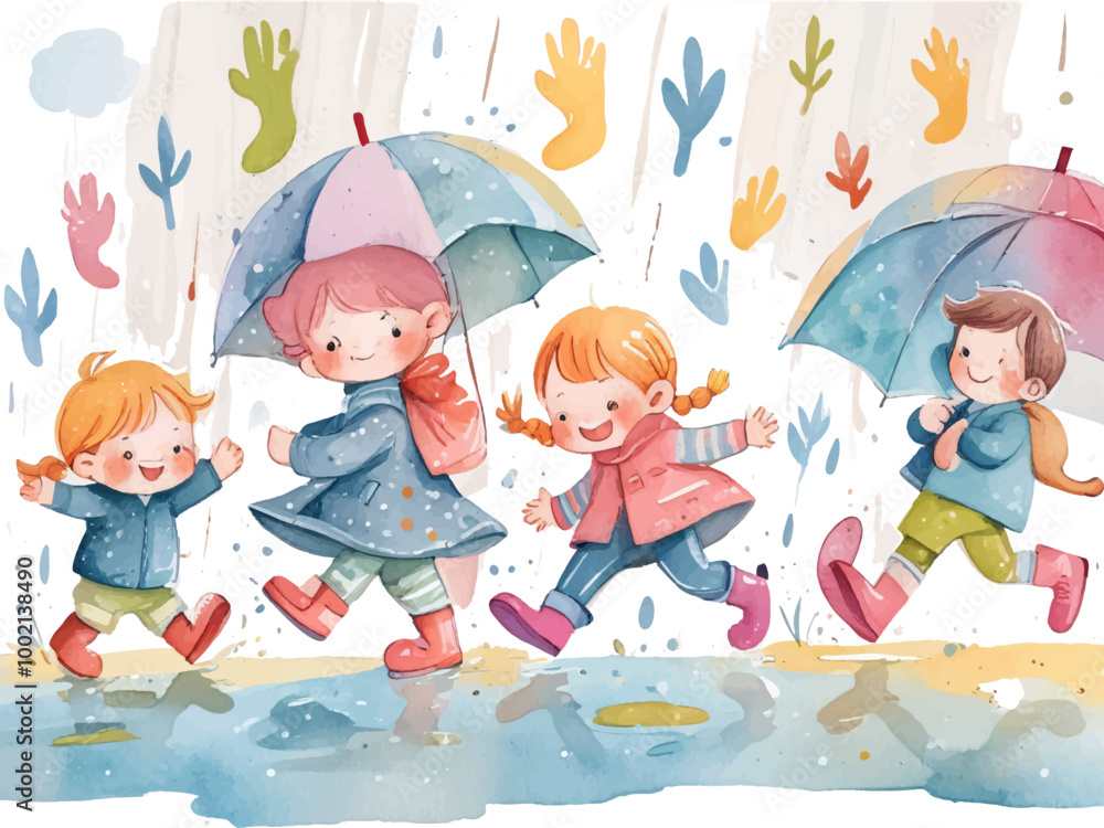 Kids in kindergarten play with their favorite rain playing garden ...