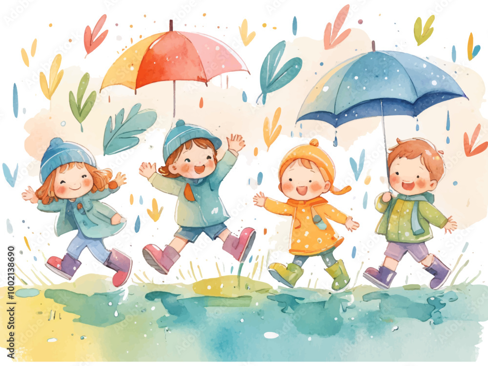 Vector de Stock Kids in kindergarten play with their favorite rain ...