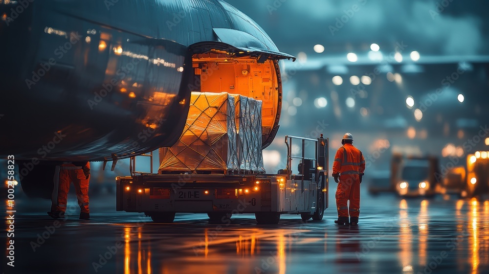 Cargo handlers loading freight onto an airplane during a rainy night at ...