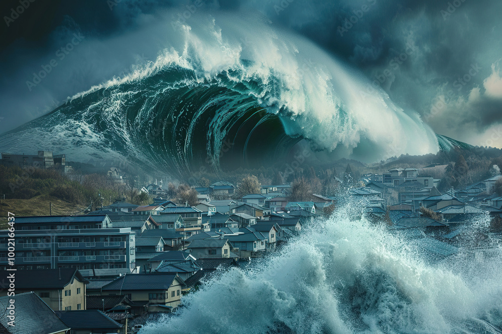 Generative ai on theme of a scary tsunami with huge foamy wave ...