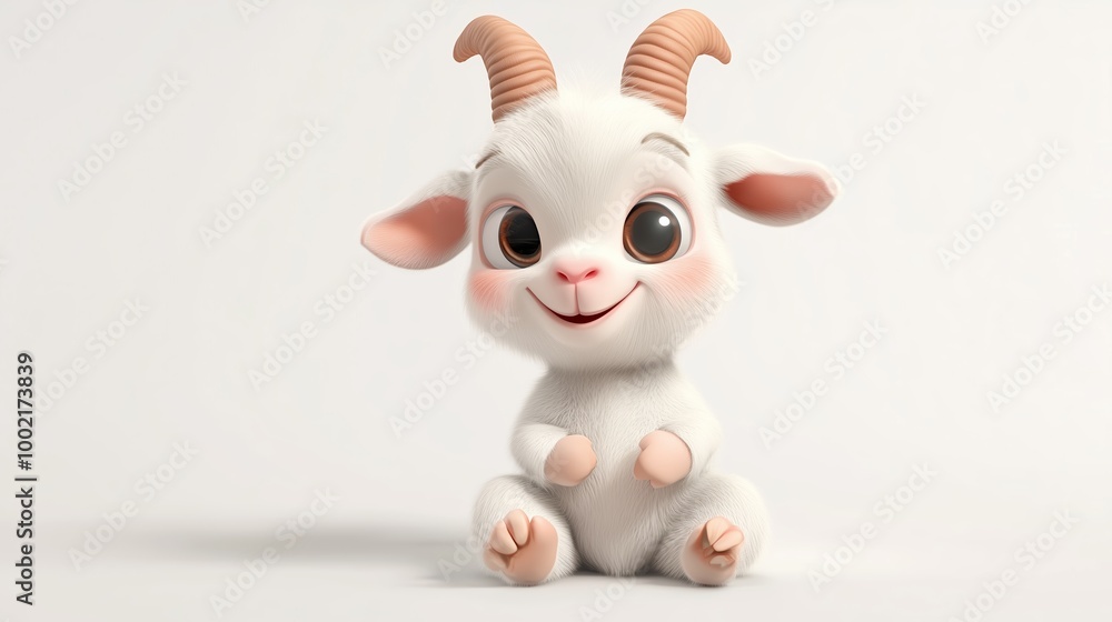 Cute animated goat character sitting happily with big eyes and a ...