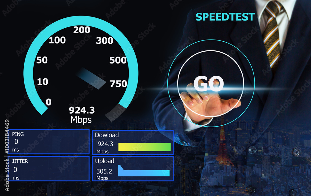 Businessman press button Internet Speed Test ,Upload Download speed ...