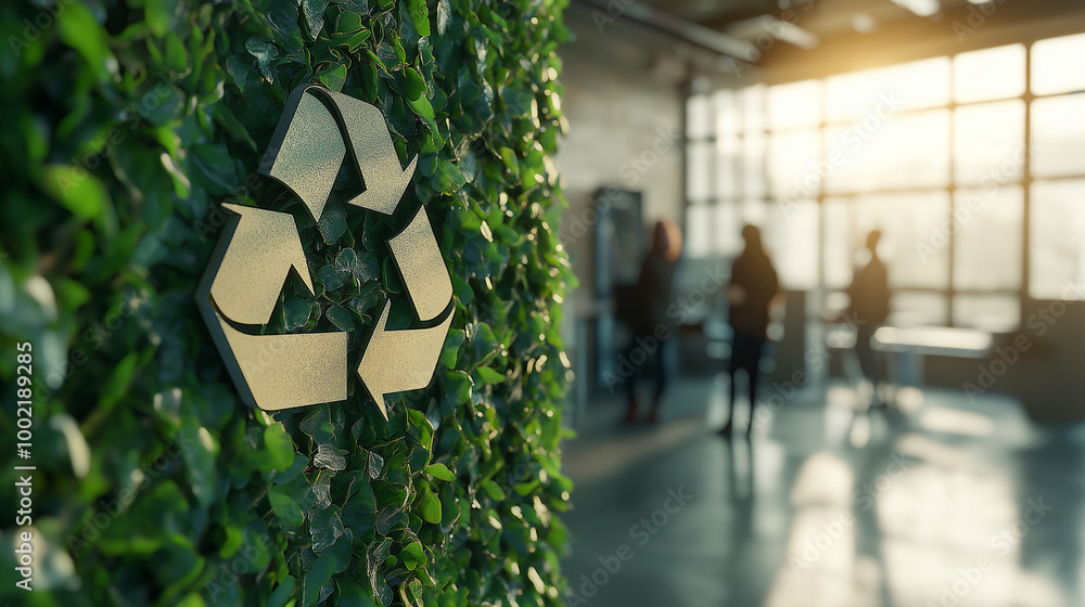 Green recycle symbol icon sign with professional environment background ...