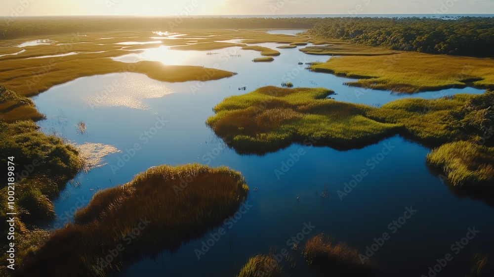 Birds-eye view of a coastal wetlands, diverse wildlife thriving, rich ...