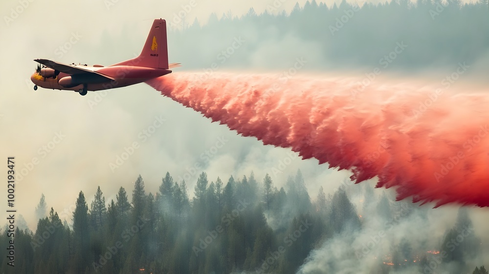 Detailed view of a plane spraying fire retardant chemicals from the air ...