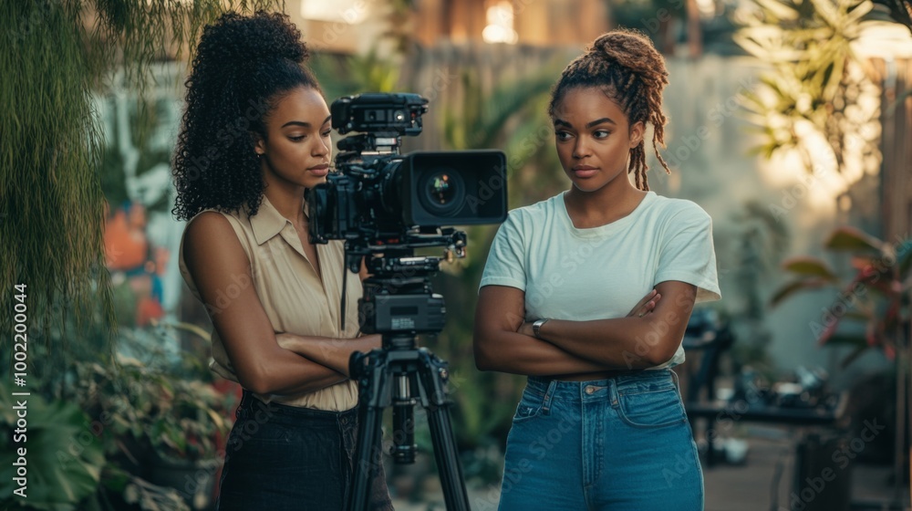 Two young women, one filming with a professional camera, the other ...