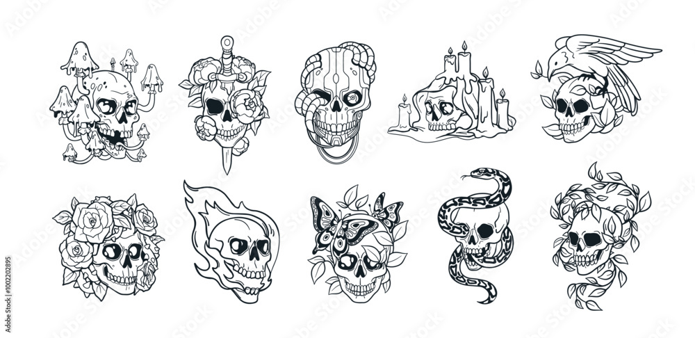 Skull tattoo art set. Vintage-style engraved designs, death symbols ...