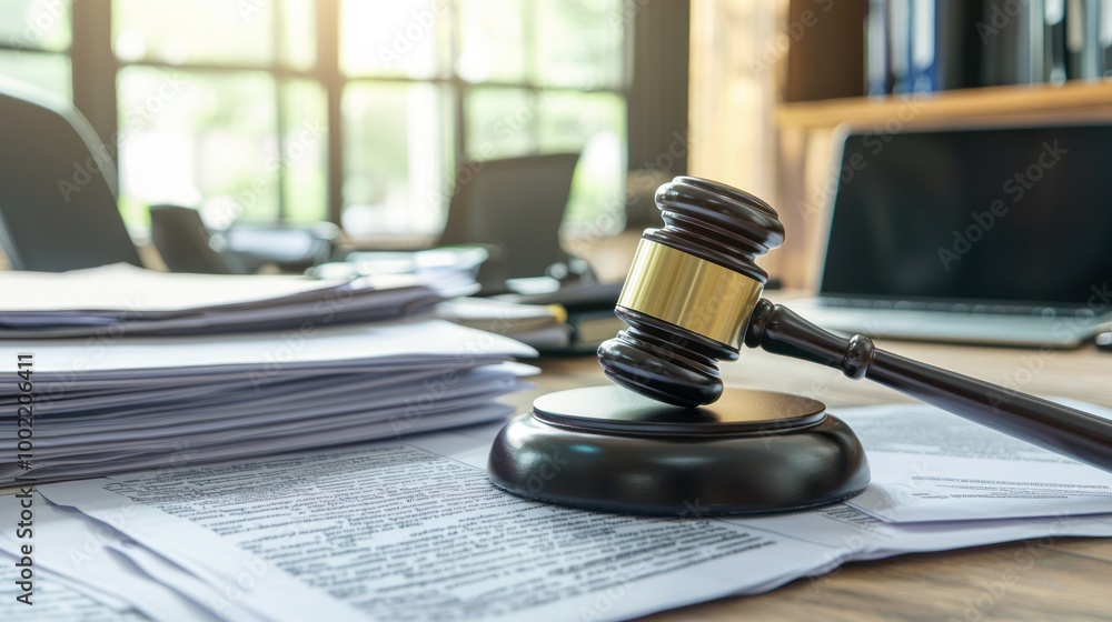 a gavel and legal documents on a desk, illustrating judicial and ...