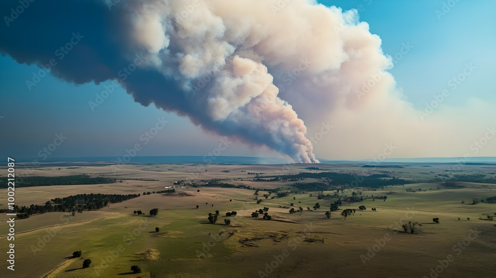 Towering wildfire smoke plume rising high into the dramatic ominous sky ...