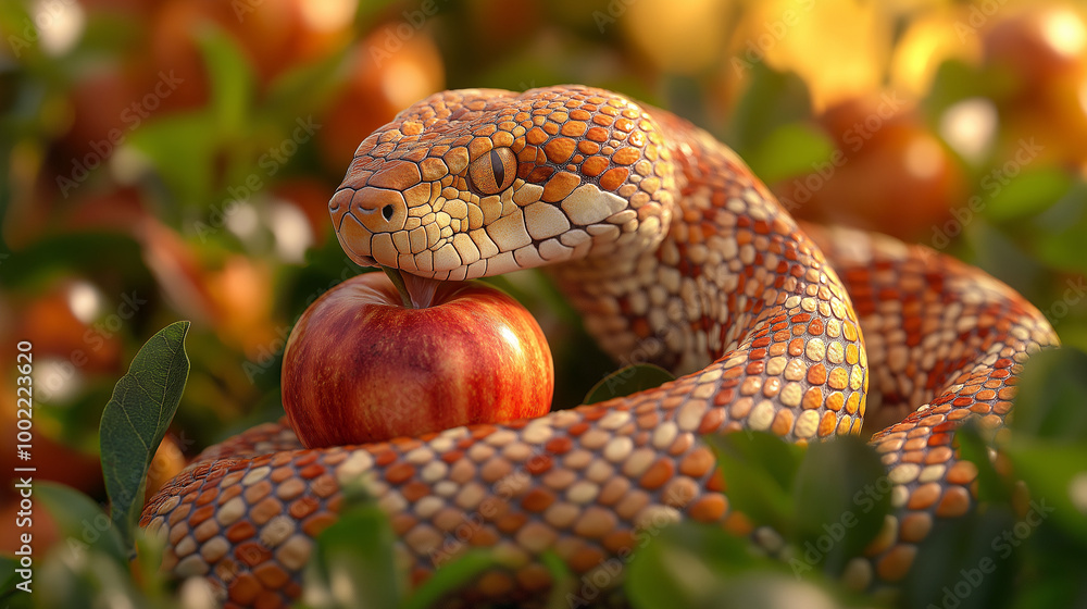 Snake in a apple tree next to a red apple representing original sin, Ai ...