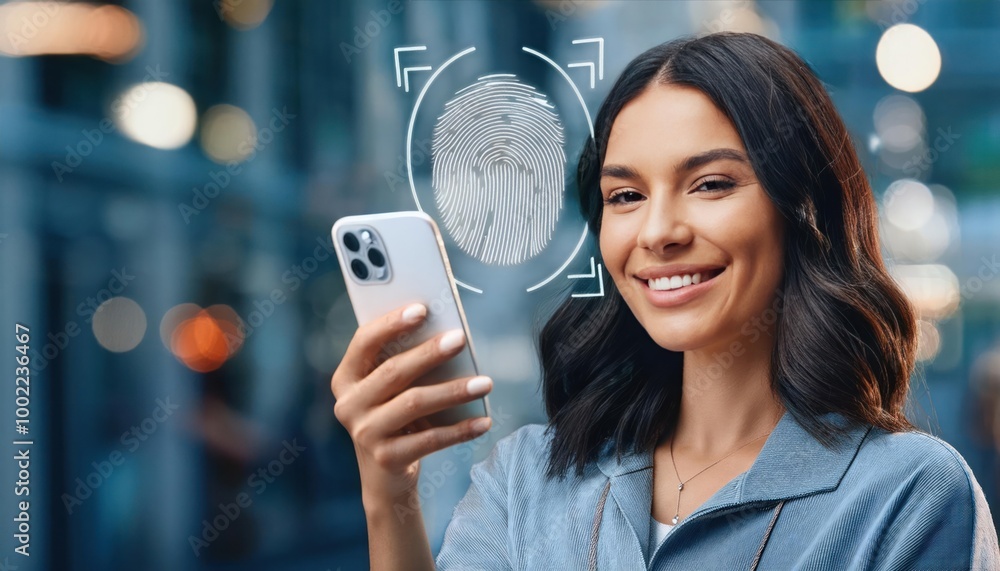 Girl with smartphone using face ID . Biometric verification. Stock ...