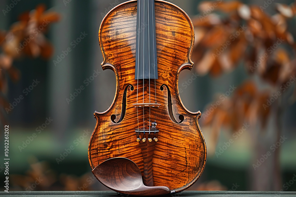 Showcase of antique violins, vintage musical instruments in a row ...