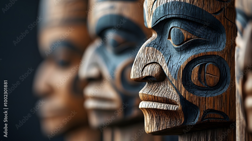 A close-up view of multiple carved wooden totem poles, depicting ...
