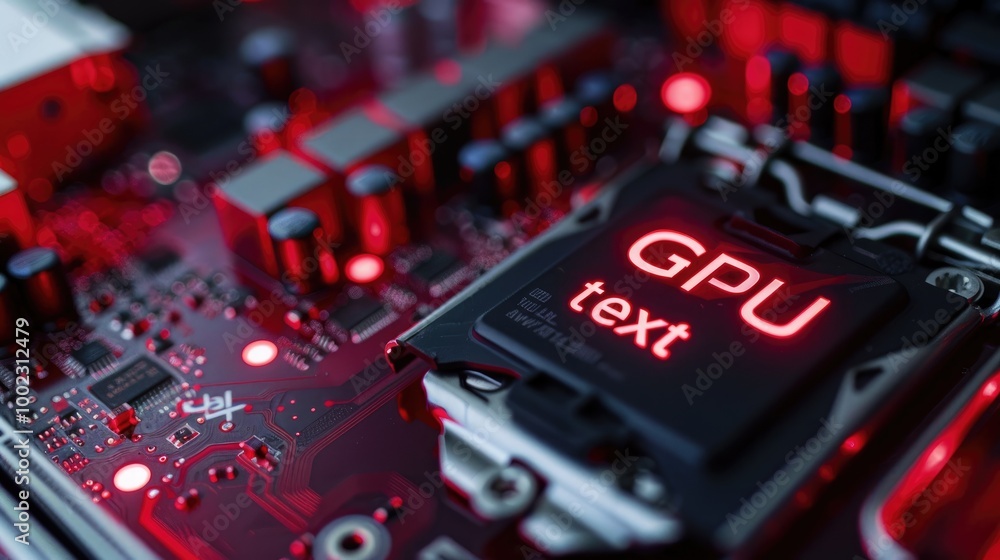Close-up of mainboard of graphics card with GPU text in red glowing ...
