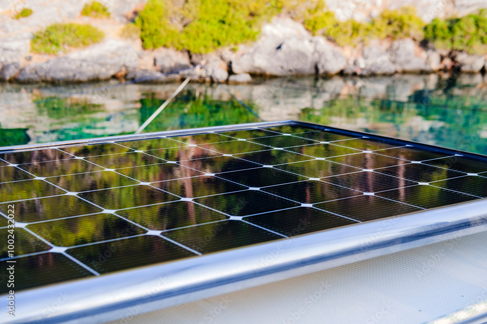 marine solar panels on top of multihull boat, environment and sea ocean ...