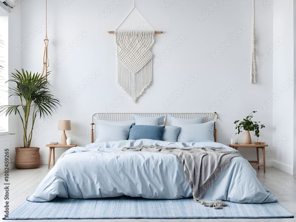 Macrame and simple posters hanging on the wall in real photo of white ...