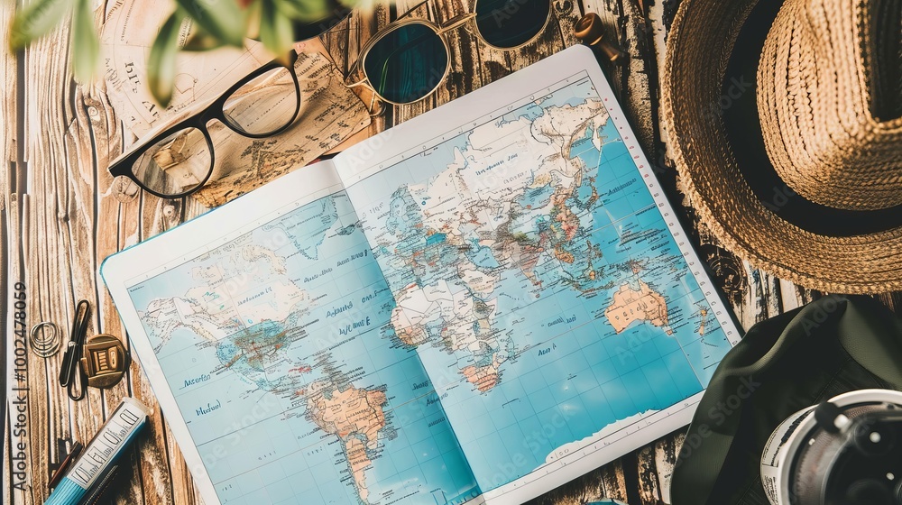 Exploring the World Through a Detailed Map on a Wooden Table With ...