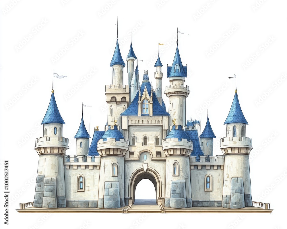 Fantasy Castle illustrated hand drawn castle isolated on a white ...