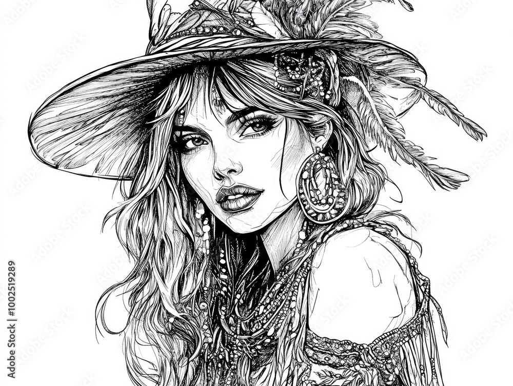 Fantasy engraving of an enchanting gypsy woman depicted as a witch or ...