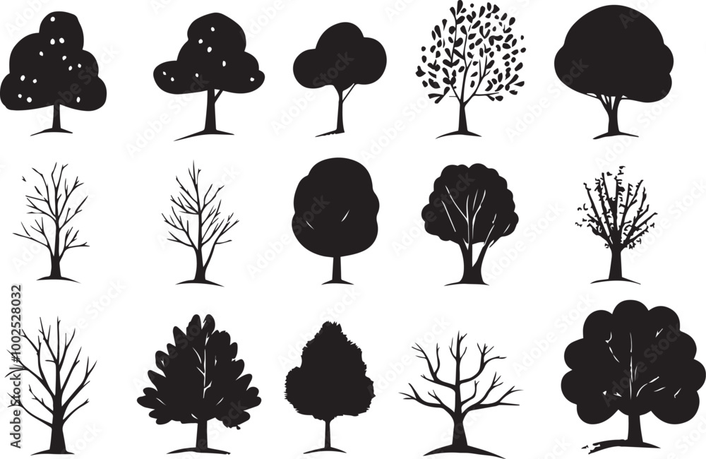 Silhouette tree set. Side view, set of graphic trees elements outline ...
