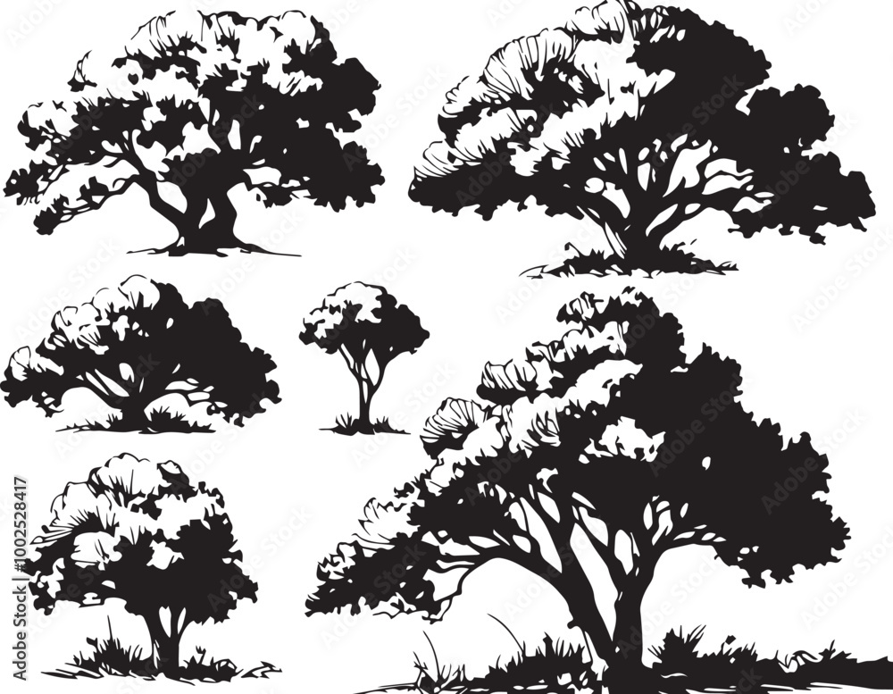 Silhouette tree set. Side view, set of graphic trees elements outline ...