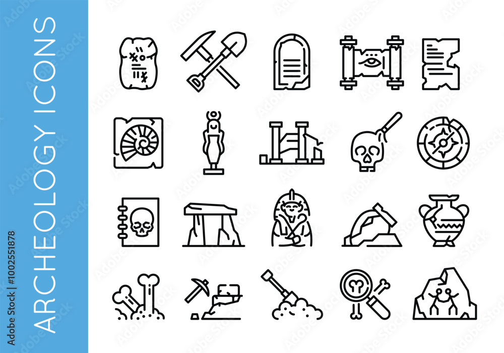 Archaeology icons. Set of 20 archaeology-themed minimal icons. Map ...
