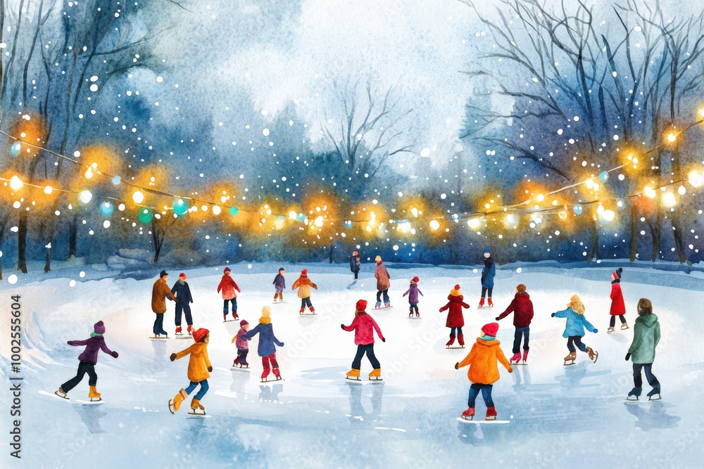 Watercolor painting of people enjoying ice skating on a rink in a city ...