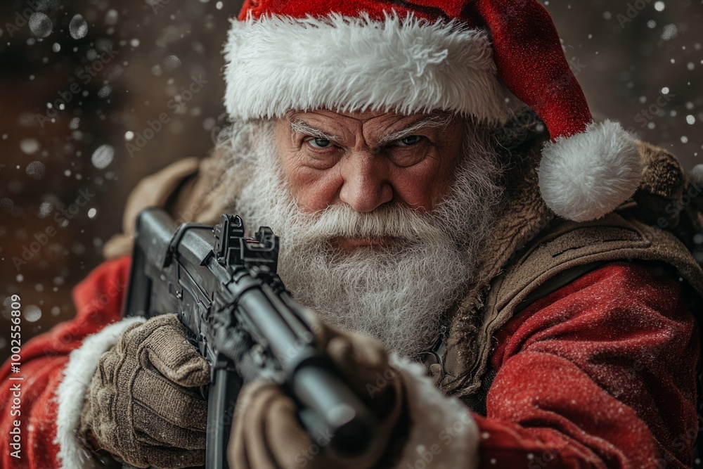 Santa claus wearing traditional costume aiming with a rifle in snowfall ...