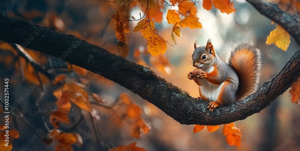 Foto Ardilla sentada en la rama de un roble en otoño, con las hojas de ...