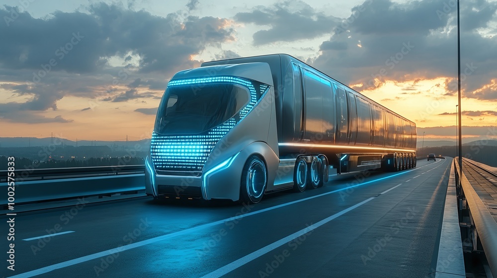 autonomous truck with artificial intelligence driving over a river ...