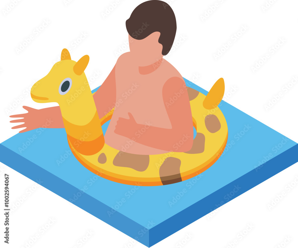 Boy is enjoying his time floating on an inflatable giraffe in a ...