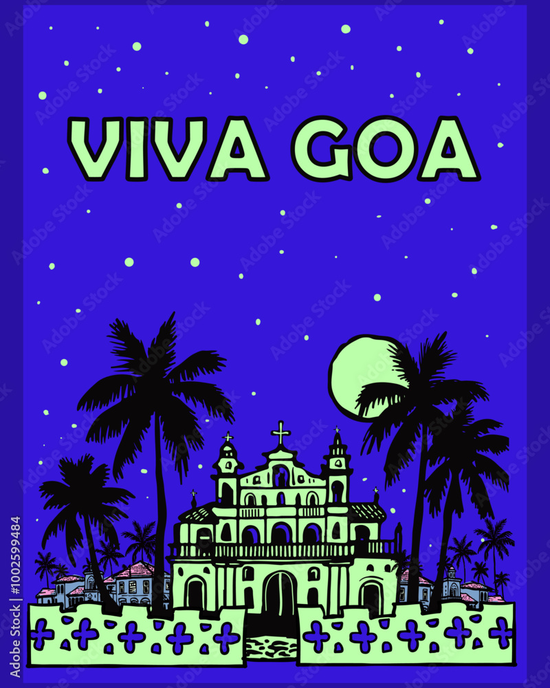 Goan village Retro Goa Nightscape - Viva Goa Vector Poster with Palm ...