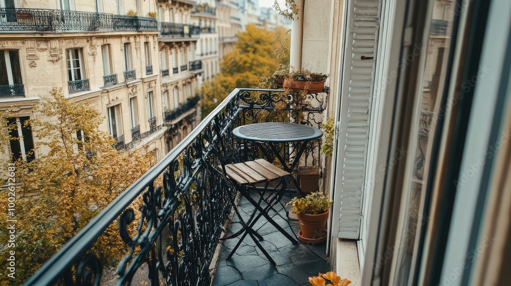 A classic black wrought-iron railings, a small bistro table, and views ...