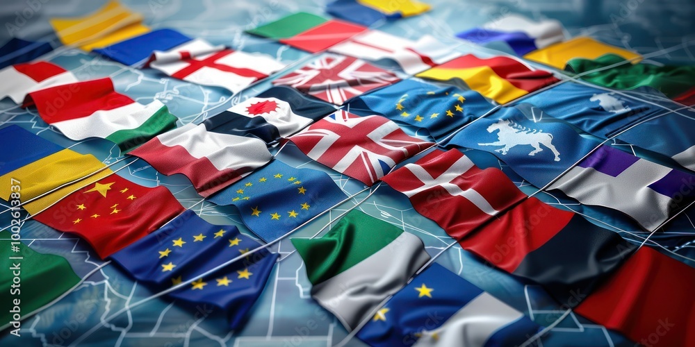 Foto de Stock Map with Flags: A map of Europe with country flags ...