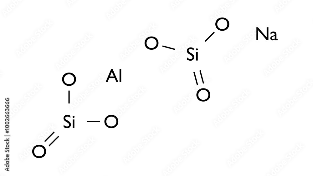 sodium aluminosilicate molecule, structural chemical formula, ball-and ...