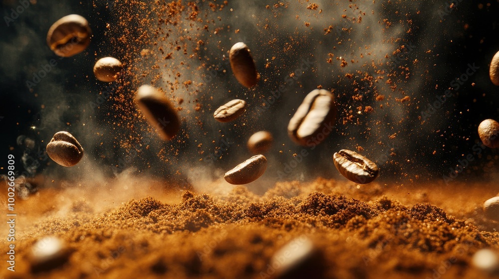 Flying coffee beans and wafting steam, combined with the texture of ...