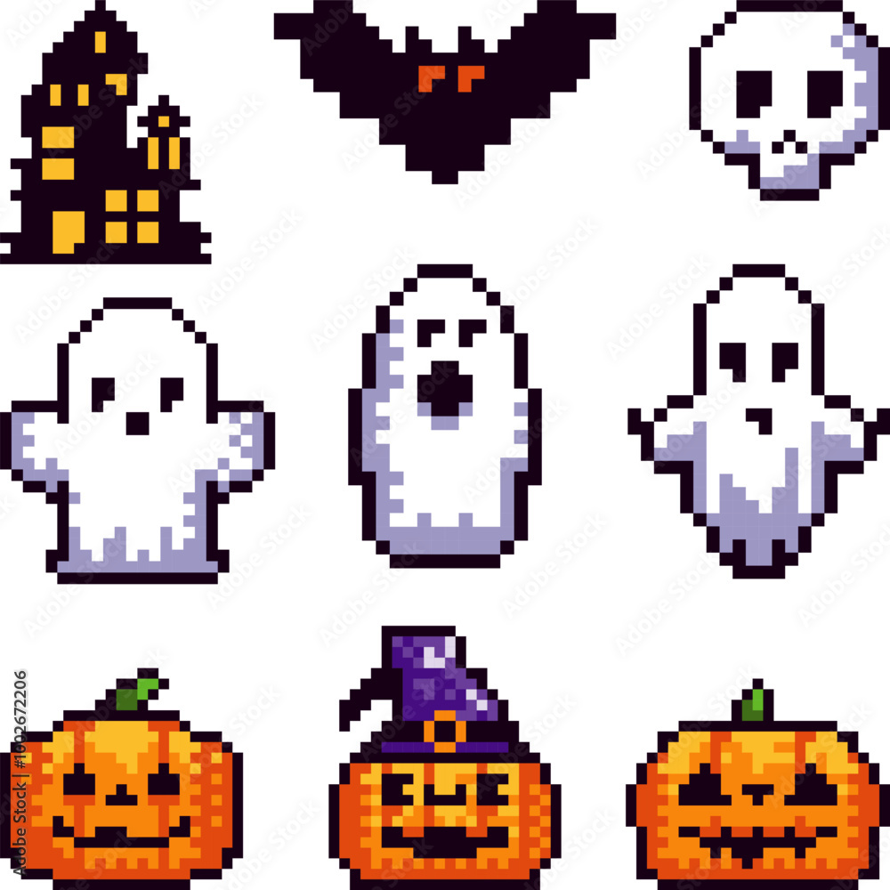 Collection pixel art style icons for Halloween. Three pumpkins, three ...