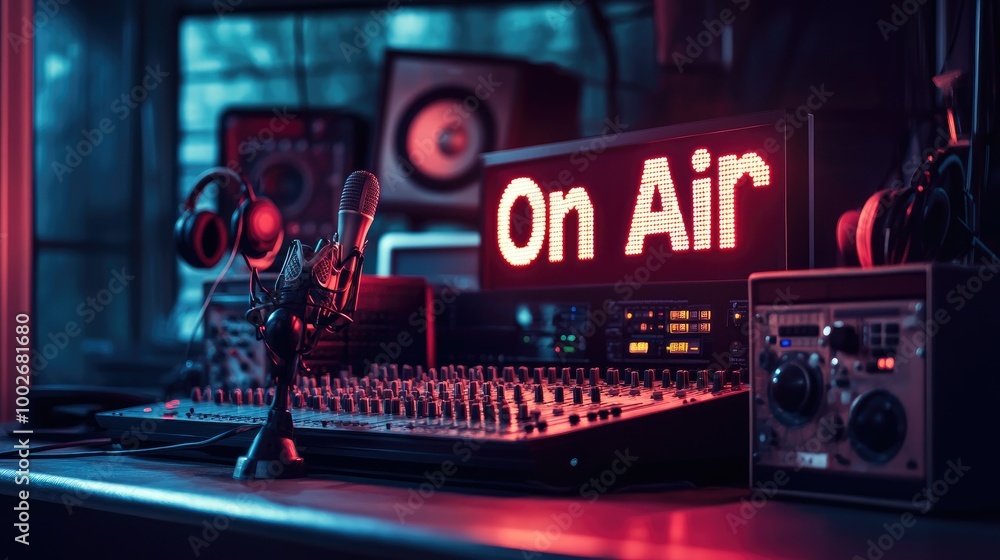 Sleek radio studio with an "On Air" sign lit up, featuring microphones ...