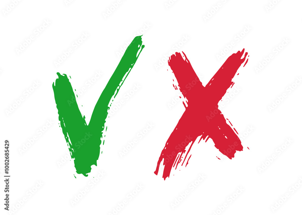 Hand drawn checklist symbols. Green check mark and red cross mark ...