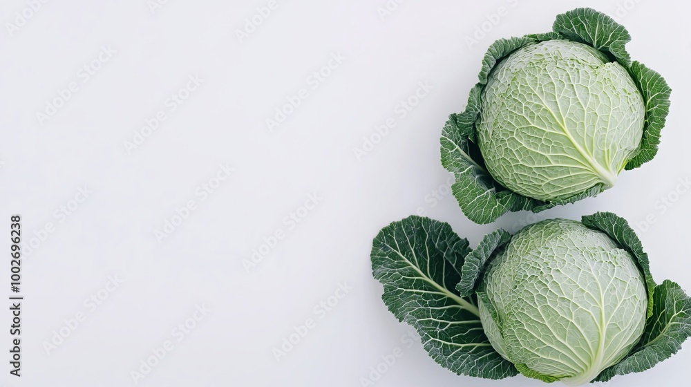Two heads of cabbage sit on a white background, their fresh green ...