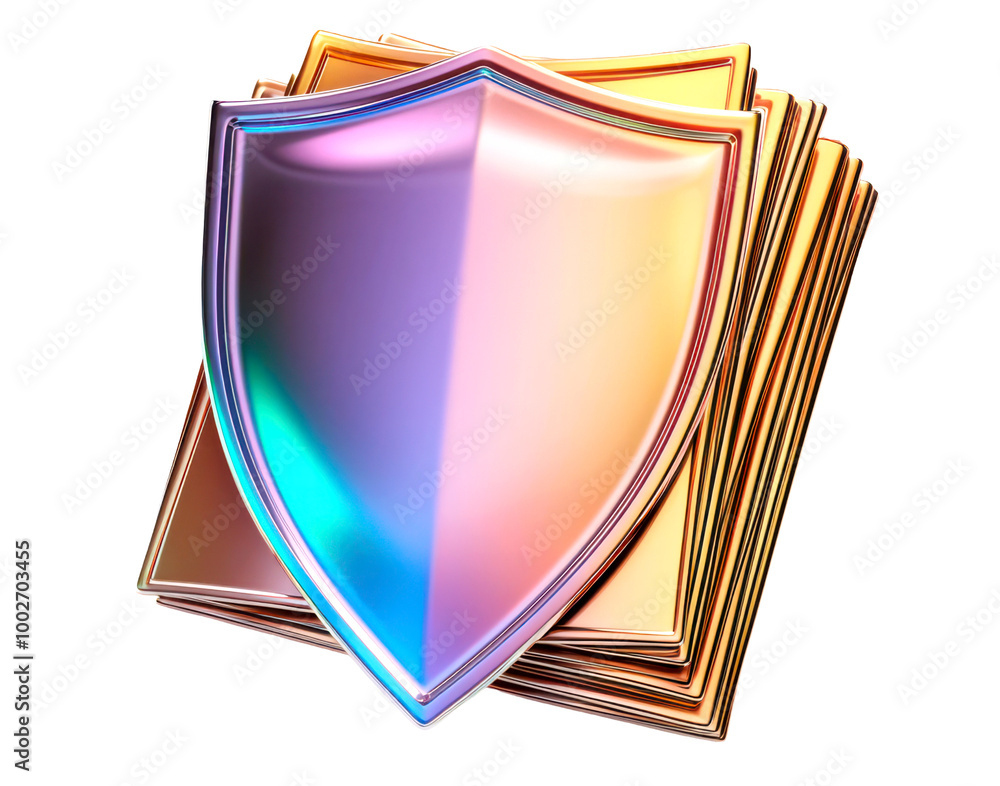 Shiny metallic shield resting on a stack of golden plates isolate on ...