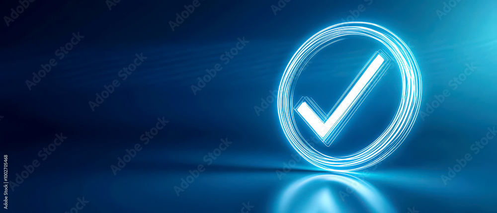 Glowing blue check mark symbol on a dark blue background, representing ...