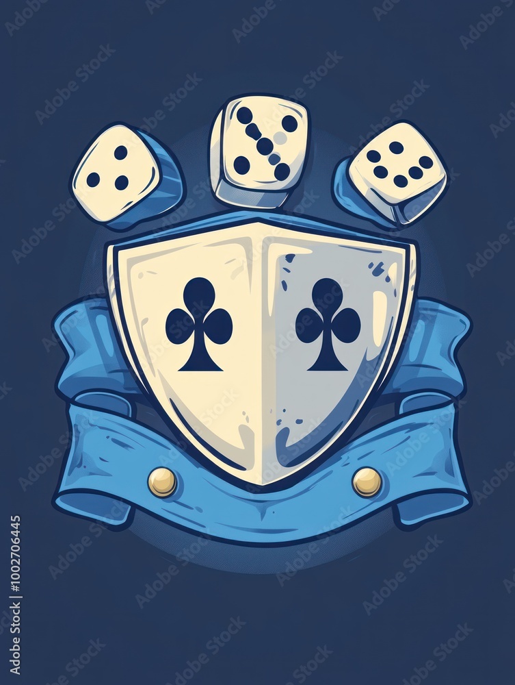 A white shield with two black clover symbols, surrounded by a blue ...