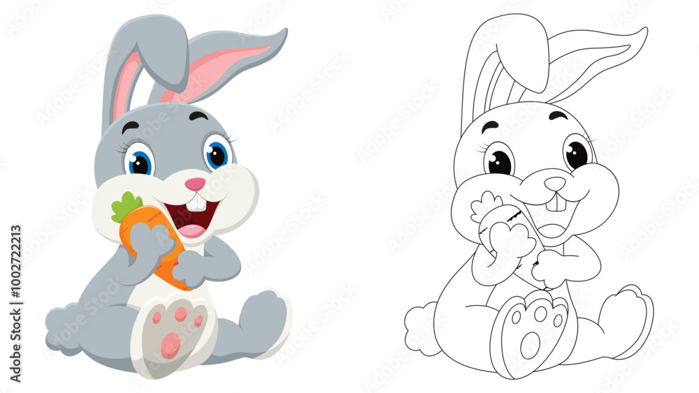 Cute bunny cartoon, coloring page for children drawing education Stock ...