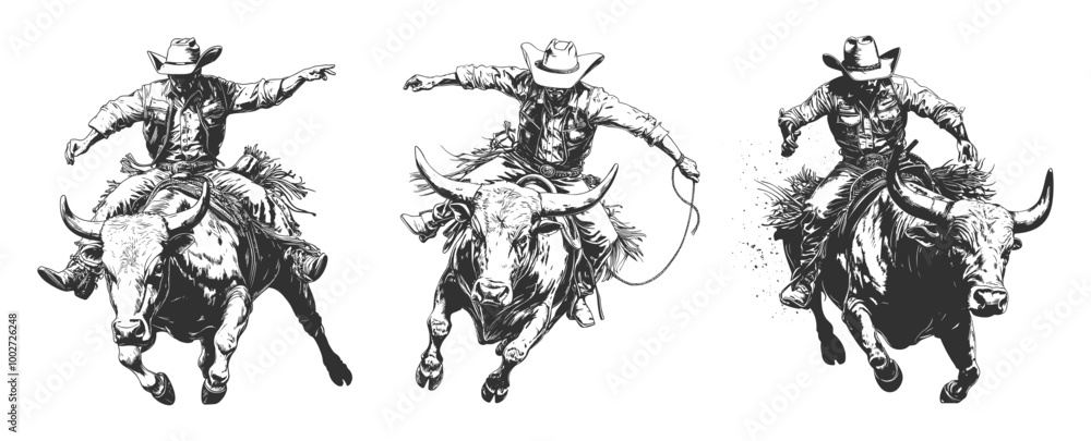 Rodeo concept sketches. Cowboy riding bull on american texas ranch ...
