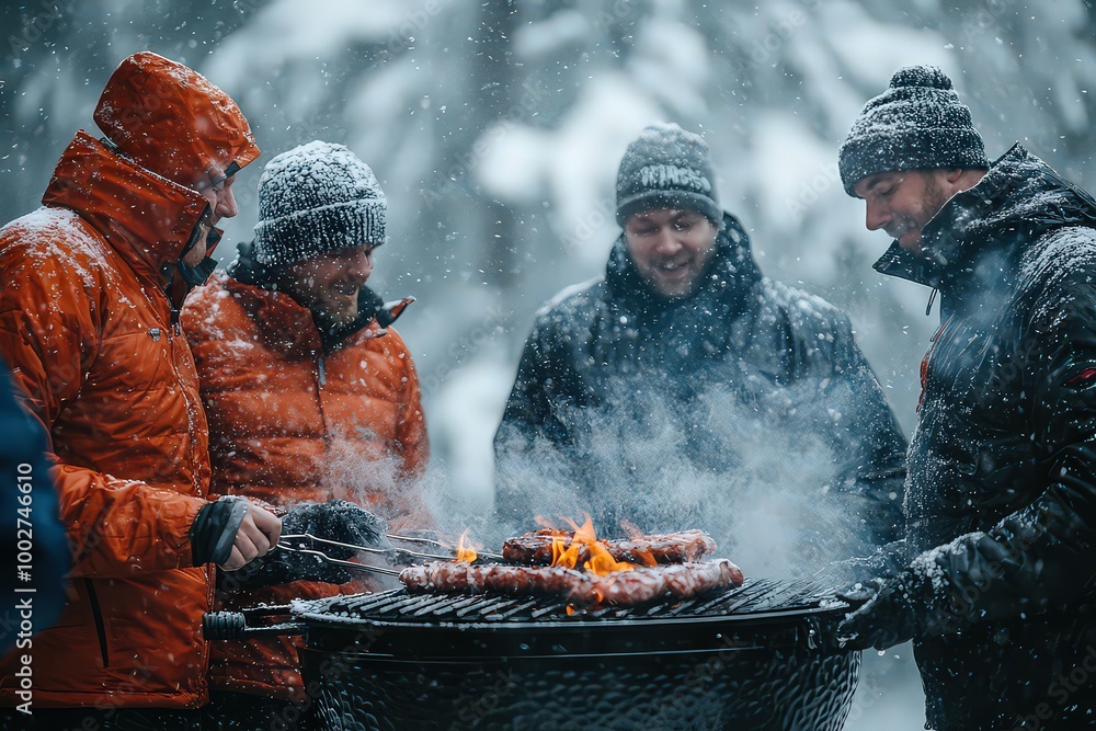 Group of friends huddled around a smoky grill with snow falling softly ...