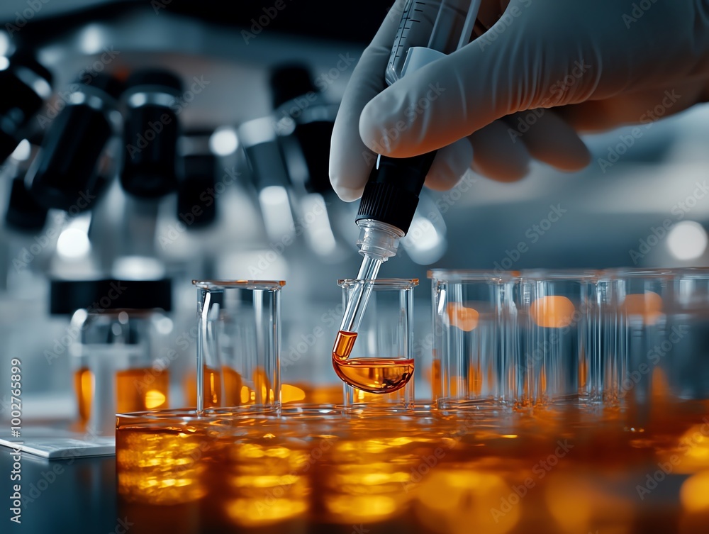 Researcher using a pipette to transfer liquids in a brightly lit ...